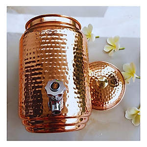 Indian Art Villa Pure Copper Hammered Design Joint Proof Water Pot/Dispenser/Container/Matka/Tank with Brass Stand, Tap & Knob, for Storage & Serving Water, Volume- 608 Oz