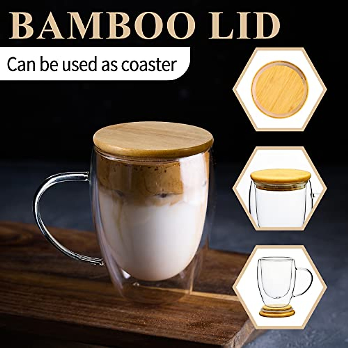 PARACITY Glass Coffee Mugs Set of 2 with Bamboo Lid/Spoon, Double Wall Insulated Clear Tea Cups 12 OZ with Hand for Cappuccino/Latte/Coffee, Borosilicate Glassware for Kitchen/Travel
