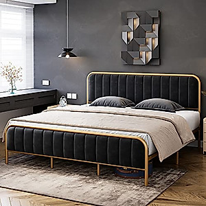 Senfot King Size Bed Frame with Gold Metal Frame, Modern Platform Bed, Noise Free Design, Wood Slats Support, No Box Spring Needed, Easy Assembly in Black