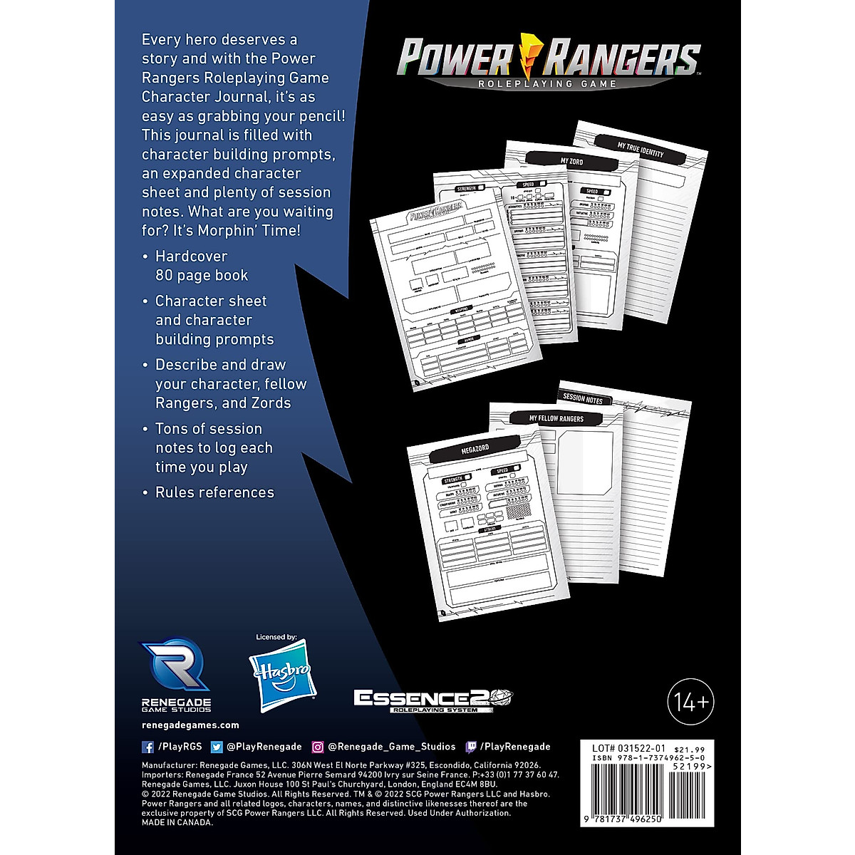 Renegade Game Studios Power Rangers Roleplaying Game Expanded Character Sheet Journal, Customize and Develop Characters