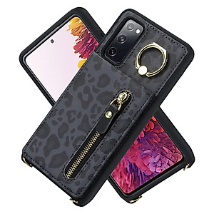 Jaorty for Samsung Galaxy S20 FE 5G Phone Case for Women with Card Holder,Galaxy S20 FE Case Wallet Crossbody Lanyard with Strap,Credit Card Slots Kickstand Case with Ring Holder,6.5",Black Leopard