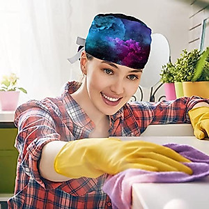 DEYYA 2 Pieces Bouffant Cap with Button Ponytail Pouch, Cotton Working Hat Sweatband, Adjustable Surgical Caps Space Galaxy Universe, Multicoloured 6, Medium-3X-Large