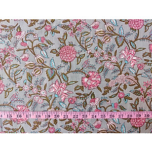 Craftbot Hand Block Print Fabric by The Yard - PRECUT 3 Yards 42 inch Width 100% Cotton Material Grey Floral Pattern Light Weight Indian Cloth for Making Kurti Summer Dress Salwar Kameez, and Pink