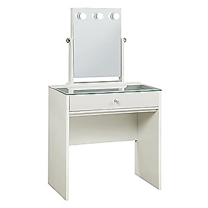 24/7 Shop at Home Peregrine Modern Wood 2-Piece Makeup Vanity Table and Adjustable Lighted Mirror Set with Bulbs, 1 Felt-Lined Drawer for Bedroom, Dressing Room, Bathroom, Guest Room, Luminous White