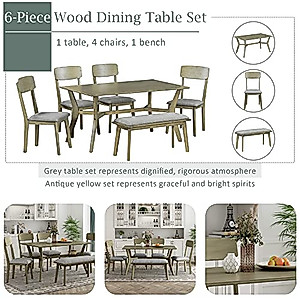 Lifeand Piece, Wooden Dining Table and Fabric Chairs with Bench(Antique Yellow+Gray), Mid-Century Style Set for 6