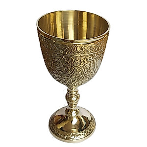 PARIJAT HANDICRAFT Brass royal chalice cup embossed brass flutes wine heavy goblet brass drinking glasses beverage tumbler cups for water juice milk beer ice tea and farmhouse decor
