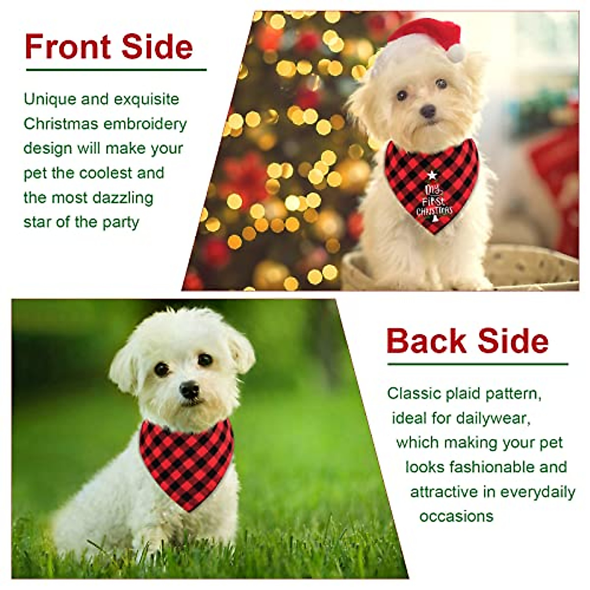 Yoochee Christmas Dog Collar Bandana - Holiday Classic Plaid & Embroidered Dog Bandana with Adjustable Collar, Washable Cotton Kerchief Triangle Bibs Pet Collars for Puppy Dogs Cats