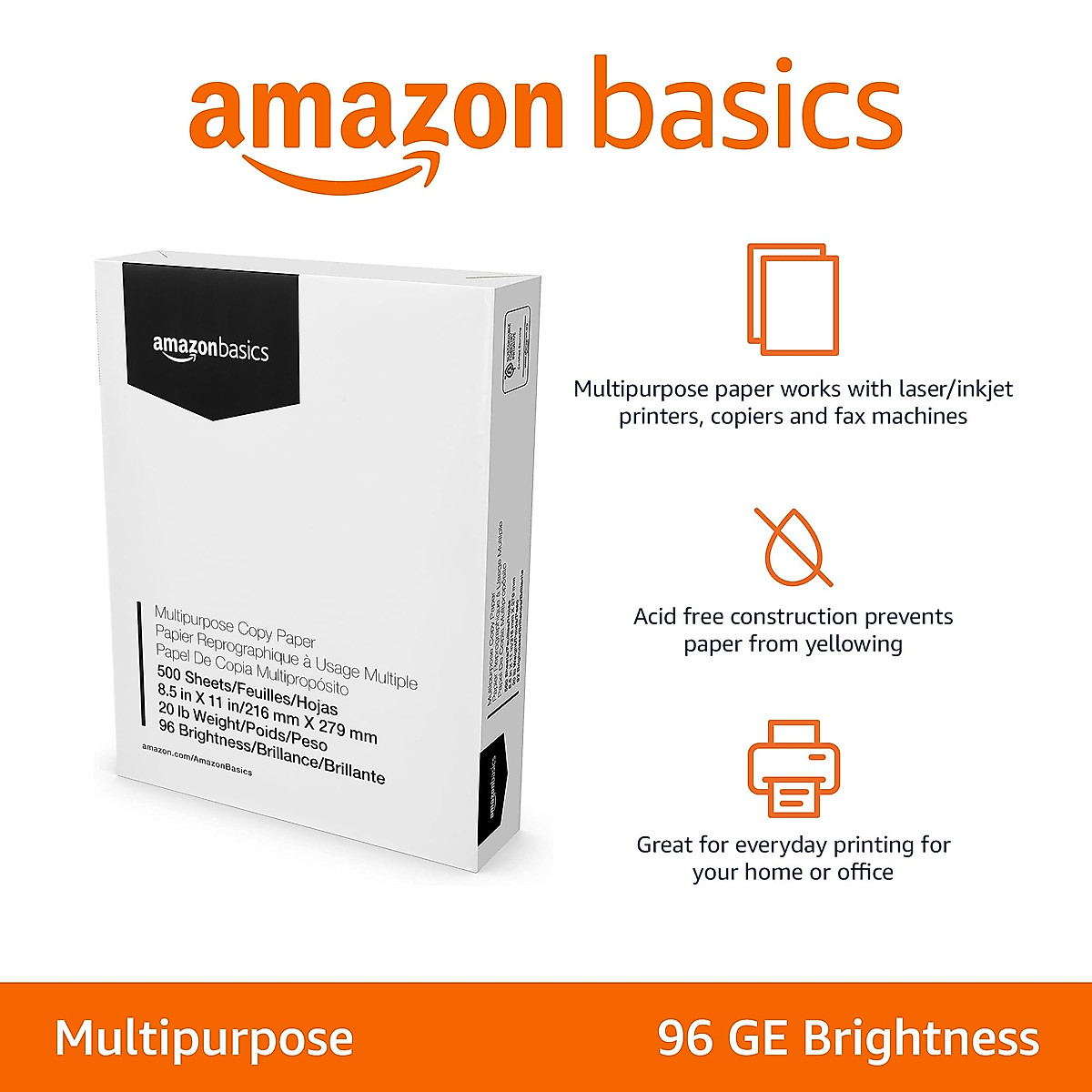 Amazon Basics Multipurpose Copy Printer Paper - 96 Bright White, 8.5 x 11 Inches, 1 Ream (500 Sheets)