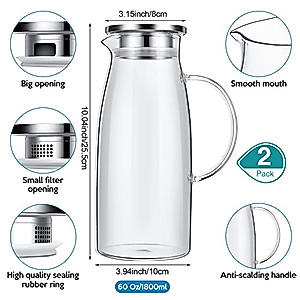 2 Pcs 60 oz Glass Pitcher Water Pitcher with Lid and Handle Carafes and Pitchers Iced Tea Pitcher Hot Cold Water Heat Resistant Borosilicate Glass Jug for Juice Water Iced Tea