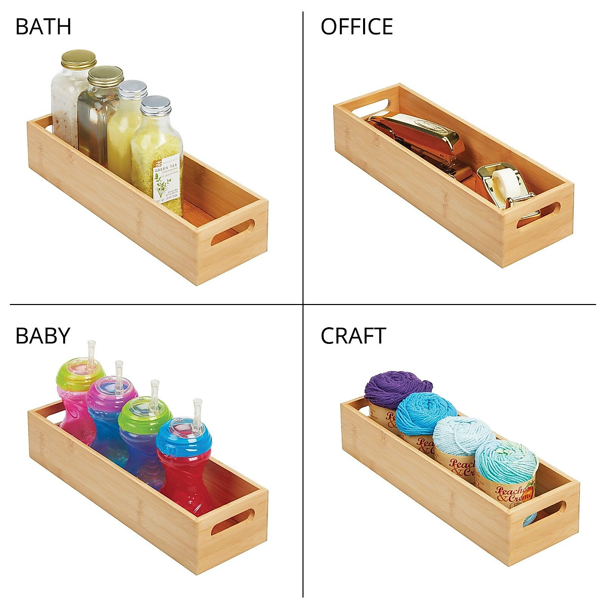 mDesign Bamboo Kitchen Cabinet & Fridge Drawer Organizer Tray with Handle - Storage Bin for Cutlery, Serving Spoons, Cooking Utensils, Gadgets - Natural Wood Finish