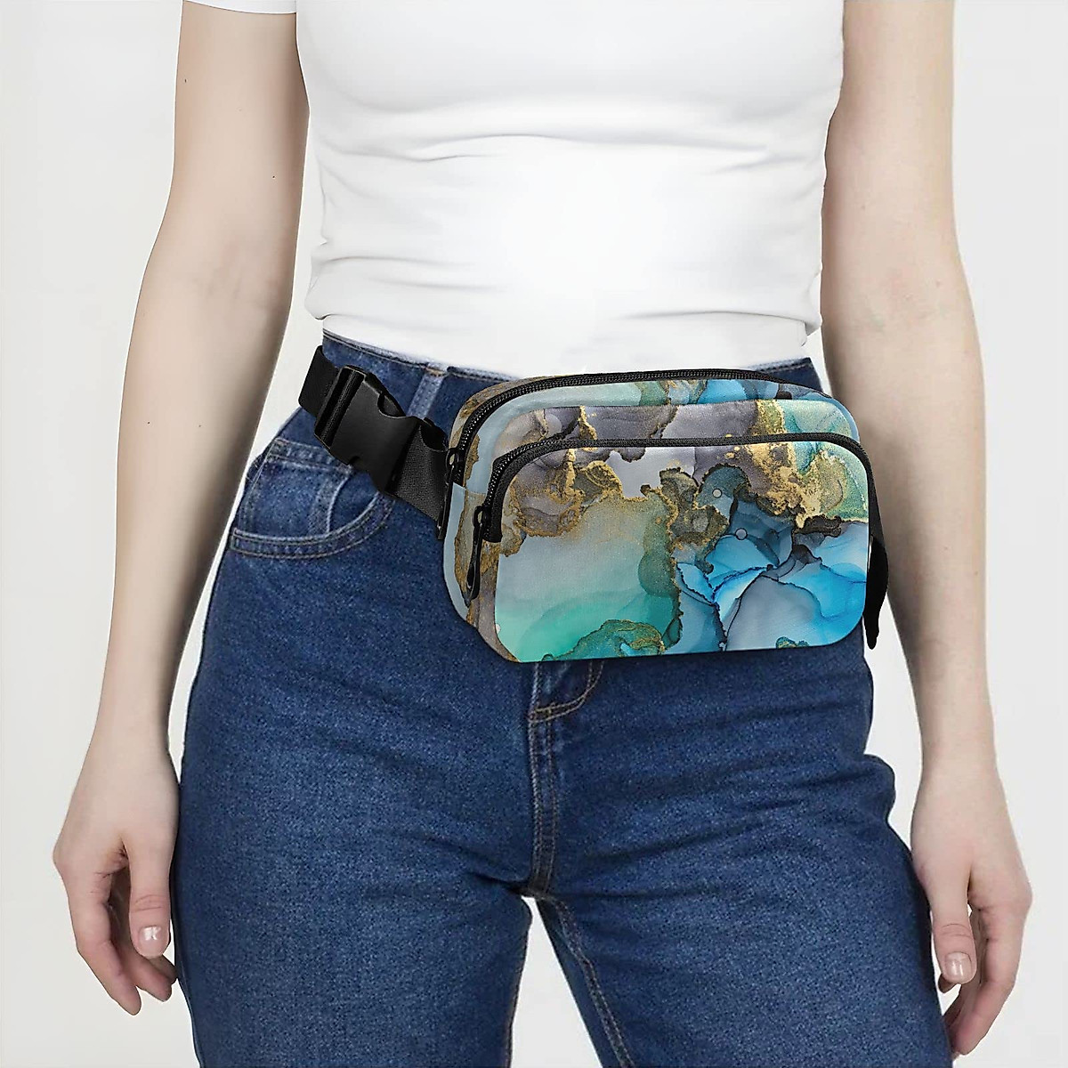 Mixed Blue, Grey, Golden Alcohol Ink Abstract Marble Texture Adjustable Belt Running Bag, Crossbody Fanny Pack Waist Runners Bag Tote for Women Men Sports Hiking Fitness Exercise Gym Pouch