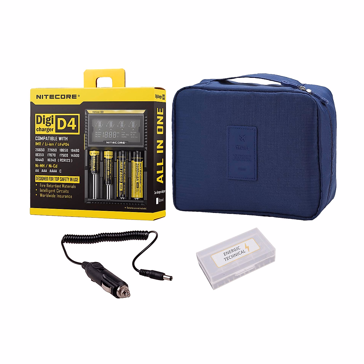 Best Nitecore D4 Charger with Travel Case, Battery Organizer, and Car Charger