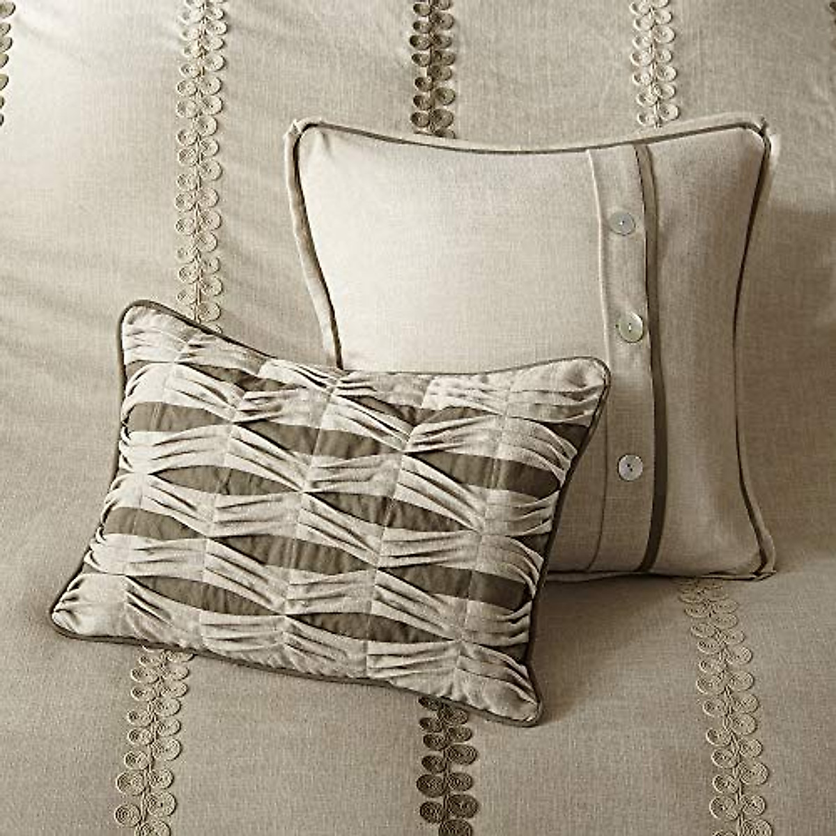 Madison Park Signature Chateau King Size Bed Comforter Set Bed In A Bag - Taupe , Soutache Cord Embroidery – 9 Pieces Bedding Sets – Faux Linen Bedroom Comforters