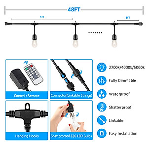 3 Color Dimmable LED Outdoor String Lights with Remotes, 48FT Waterproof Patio Hanging Lights with Shatterproof E26 S14 LED Bulbs for Bistro Cafe Pergola Party, Warm White/Nature White/Daylight White