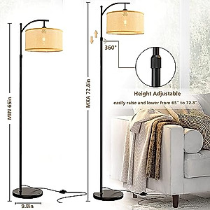 QIYIZM Floor Lamp with Remote Arc Boho Rattan Standing Lamp,Farmhouse Dimmable Industrial Black Wicker Floor Light Rustic Adjustable Tall Lamp,Bamboo Lamp Shade Floor Lamps for Living Room Bedroom