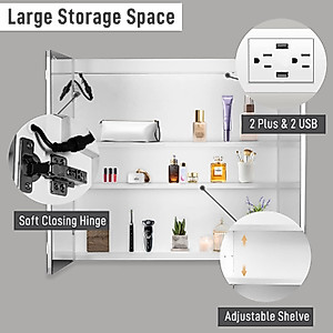 Karl home 32x28 Inch 2-Doors Bathroom Medicine Cabinet with LED Mirror, 3-Color Wall Mounted Dimmable Bathroom Cabinet with 3-Tier Storage Shelves, Anti-Fog, USB Charge, White