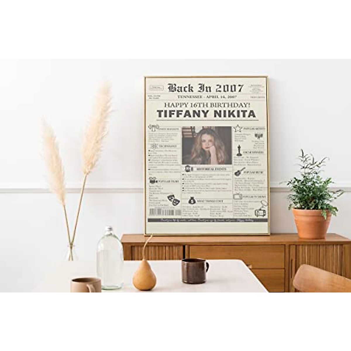 16th Birthday Decorations For Women, Men, Him, Her - Custom Poster Party Decor Gifts With Personalized Birth Date, Photo - Back in Newspaper
