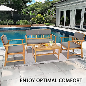 VINGLI Outdoor Patio Furniture, 4 Piece Acacia Wood Sofa Set w/Coffee Table, Patio Table and Chairs Set for Deck, Balcony, Backyard (Natural)