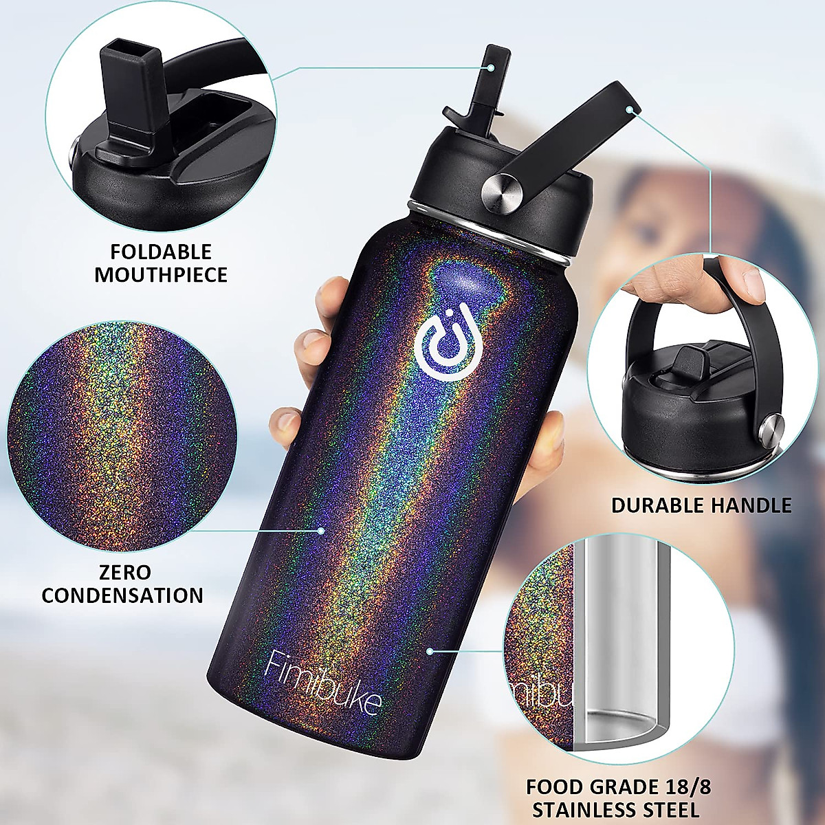 32 oz Insulated Water Bottle, BPA-Free Metal Water Bottle with 2 Lids(Straw Lid+Spout Lid) Sweat-free&Leak Proof 18/8 Stainless Steel Double Wall Vacuum Cold Bottle Valentines Day Gift Wife Men Women