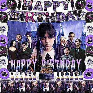 Wednesday Addams Birthday Supplies -Wednesday Birthday Party Decorations include Happy Birthday Banner, Tableware Set, Tablecloth, Backdrop, Cake Toppers, Cupcake Toppers, Latex Balloons