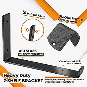 BATODA 12” Shelf Brackets with Lip (Match 11.25" Board) - 6 Pcs J Shelf Bracket Black - Heavy Duty Hook Brackets for Shelves - Wall Mounted Support for DIY - Shelving Hardware Included (Pack 6)