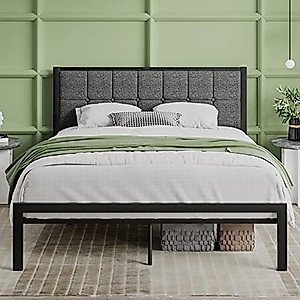SHA CERLIN Queen Size Bed Frame with Upholstered Headboard, Metal Platform Bed Frame with 17 Steel Slats Support, Mattress Foundation, No Box Spring Needed, Noise Free, Easy Assembly, Dark Grey
