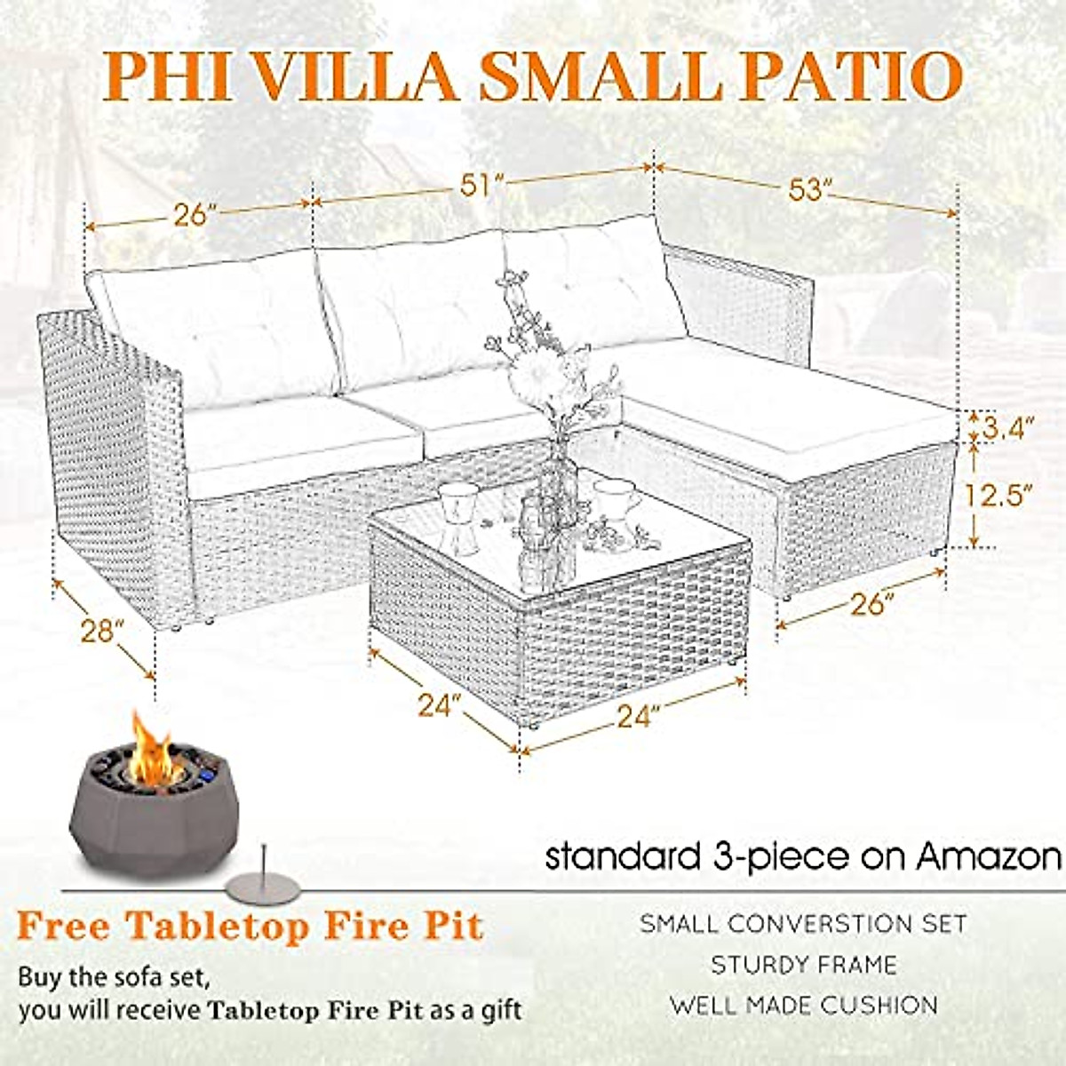 PHI VILLA 77" Wide Outdoor Rattan Sectional Sofa with Cushions - Small Patio Wicker Furniture Set (3 - Person Seating Group, Beige) Tabletop Fire Pit Included