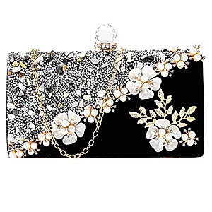Barode Rhinestone Clutches Flower Black Evening Bag Crystals Crossbody Bags Pearl Bride Wedding Clutch Purses Floral Velvet Prom Handbags for Women