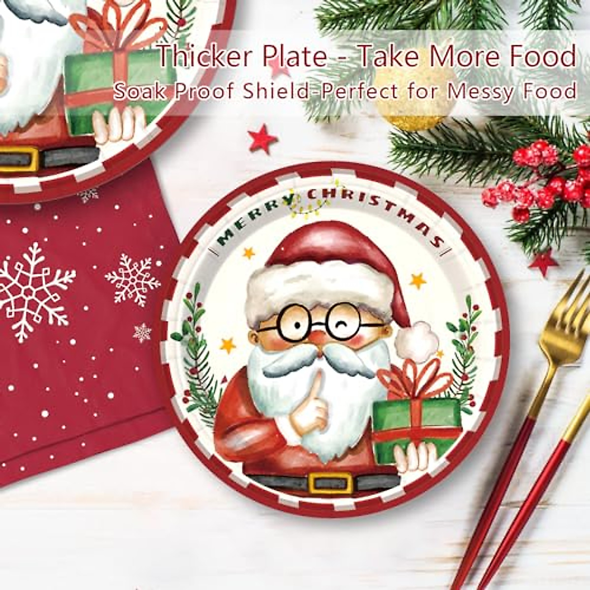 Homlouue 200 PCS Christmas Paper Plates and Napkins, Cute Cartoon Santa Claus Christmas Party Supplies, Christmas Disposable Dinnerware Set, Watercolor Holiday Party Plates for Christmas Serves 50