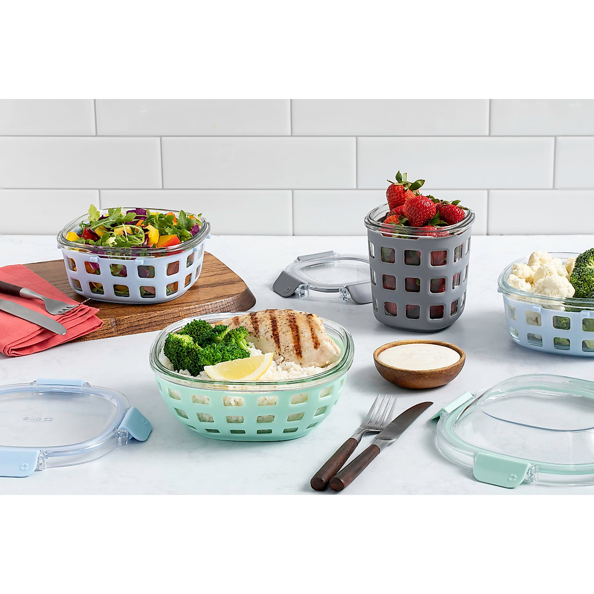 Ello DuraGlass Food Storage Glass Lunch Bowl - Meal Prep Container with Silicone Sleeve and Airtight Lid, 5 Cup, Yucca