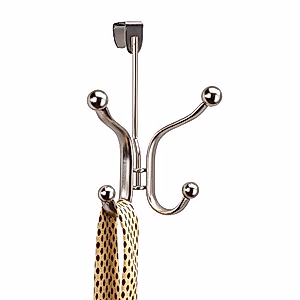 iDesign Axis Metal Over the Door Quad Hook Hanger for Coats, Jackets, Hats, Robes, Towels, Ideal for Bathroom, Bedroom, Mudroom, Satin Silver