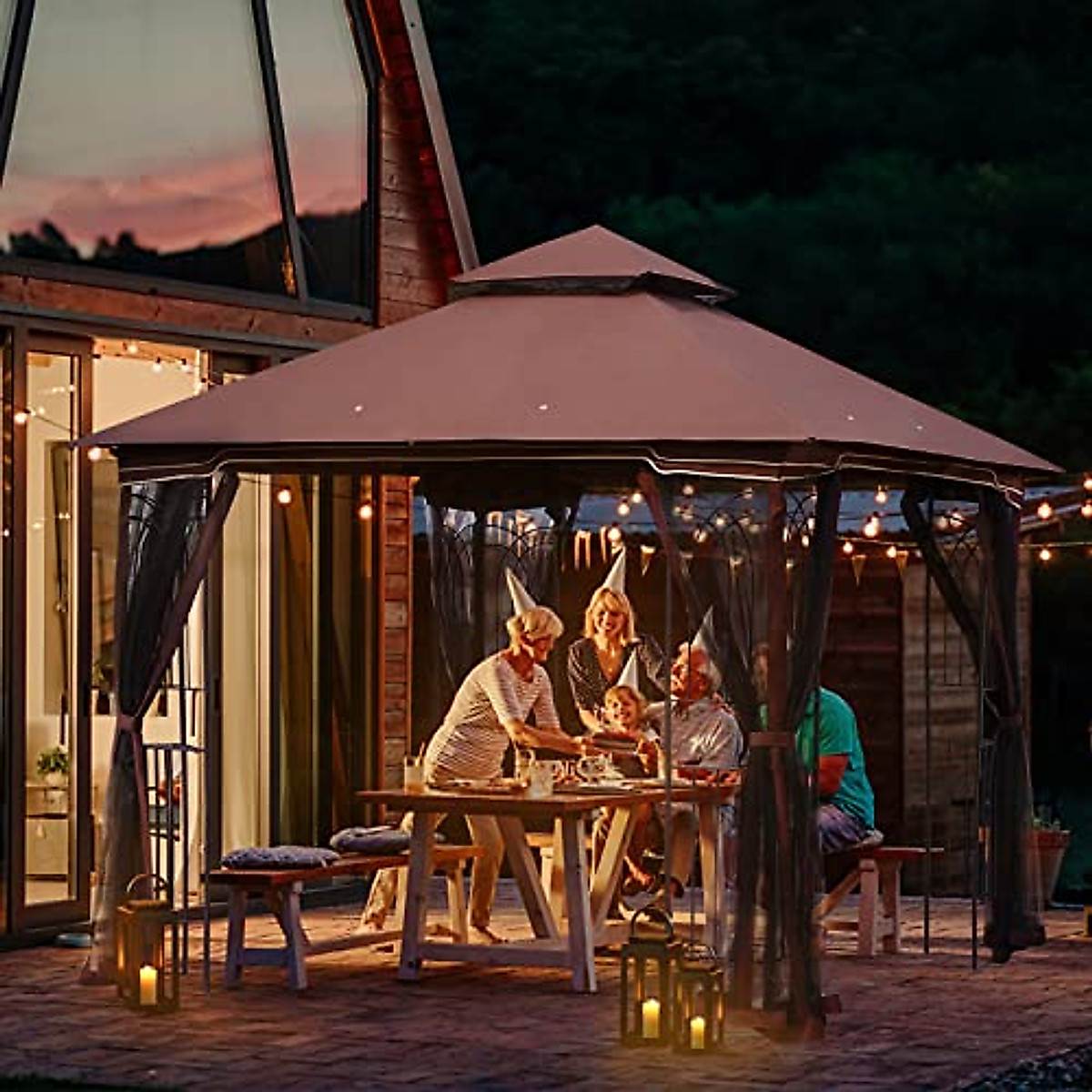 ECOTOUGE Outdoor Gazebo 10x10 for Patios, Double Waterproof Soft-top Canopy, Garden Tent with Netting for Party, Backyard, Chocolate