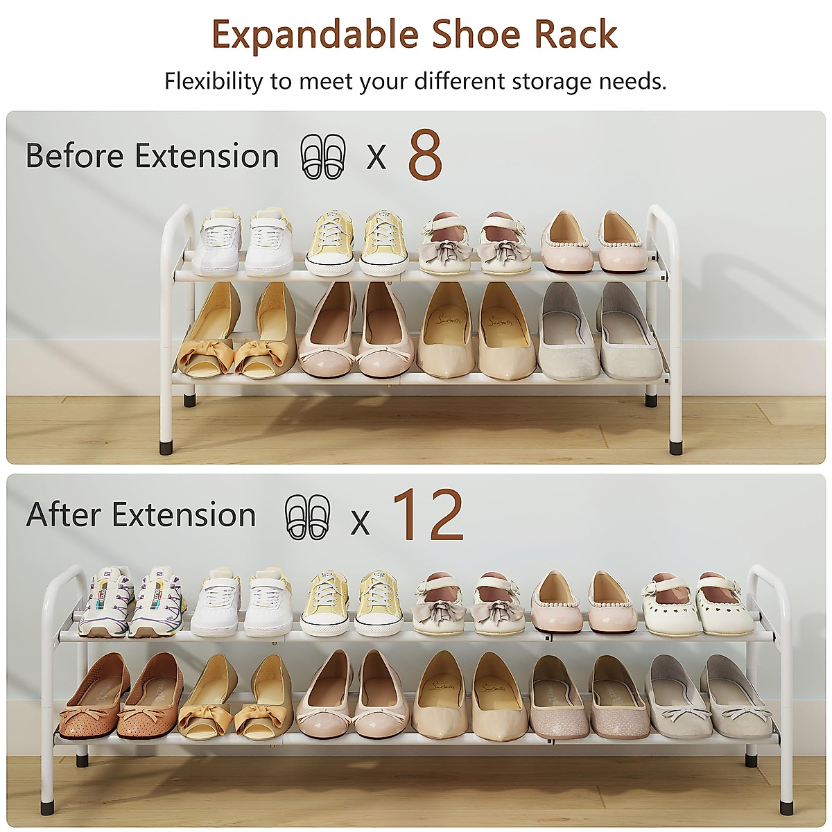 Gewudraw 2-Tier Shoe Rack Expandable, Width Adjustable Shoe Shelf Storage Organizer, 41.53'' Metal Standing Shoe Rack for Bedroom Entryway Closet, Holds up to 12 Pairs Shoes, White