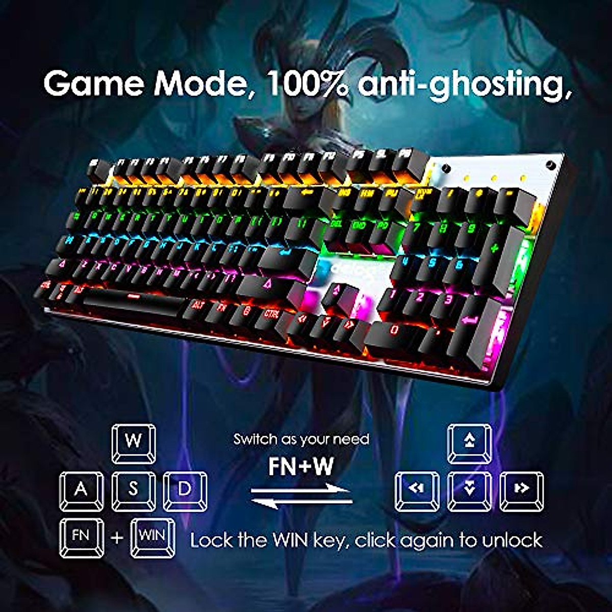 FELICON Gaming Keyboard, 104 Keys Ultra-Slim Rainbow Backlit Wired Keyboard with Blue Switches,Durable ABS Keycaps/Anti-Ghosting/Spill-Resistant Mechanical Keyboard for PC Mac Xbox Gamer
