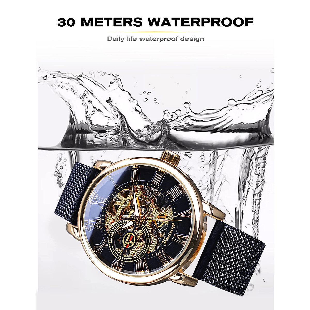 FORSINING Steampunk Watches for Men Hand Wind Watches Retro Design Staem Punk Mechanical Skeleton Wrist Watch Transparent Business Mesh Band Watch (Golden-Black)