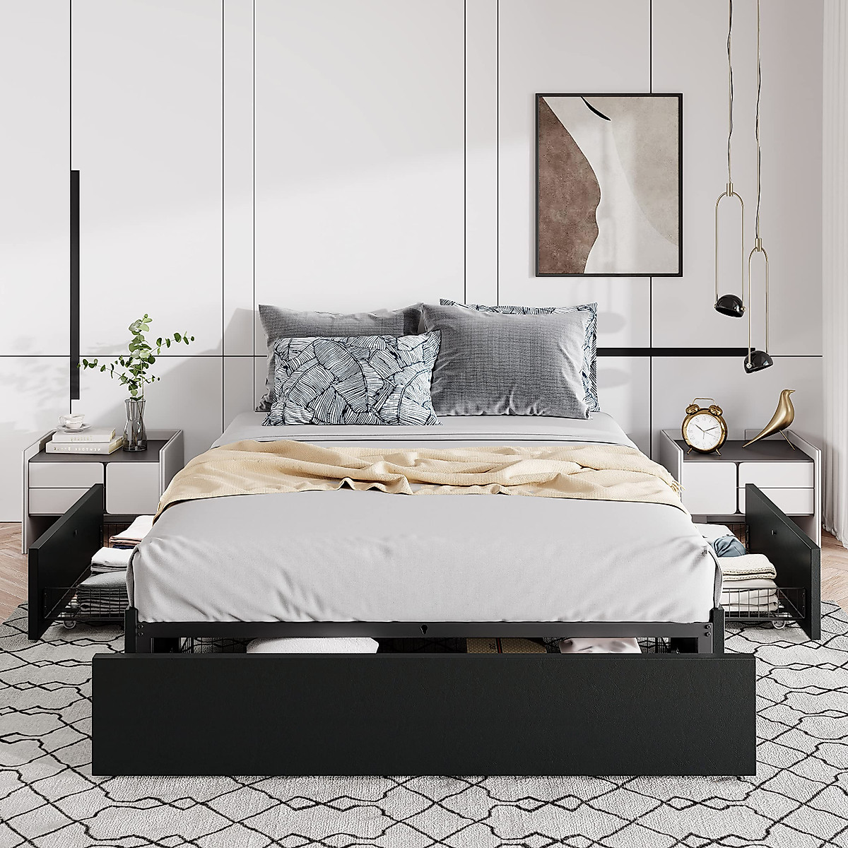 Allewie Full Size Platform Bed Frame with 3 Storage Drawers, Faux Leather Upholstered, Wooden Slats Support, No Box Spring Needed, Easy Assembly, Black