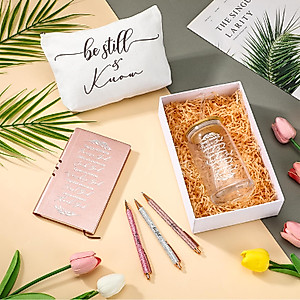 Spakon 6 Pcs Christian Gifts for Women Bible Verse A6 Leather Journal Notebook 16 oz Glass Cup Glitter Ballpoint Pen Makeup Bag Inspirational Gifts Sunday School Teacher Appreciation Day(Rose Gold)