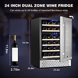 Tylza 24 Inch Wine Cooler Refrigerator 46 Bottle Dual Zone Built-in or Freestanding 24'' Wine Fridge with Stainless Steel & Professional Compressor and Temperature Memory Function
