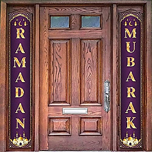 Ramadan Mubarak Decoration Banner Set Ramadan Kareem Porch Hanging Sign Islamic Eid Festival Celebration Welcome Wall Flag Muslim Party Decor (Purple)