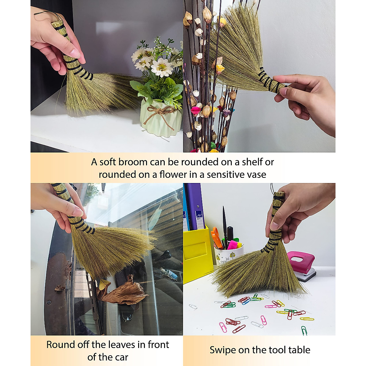 Small Whisk Broom,Handmade Turkey Wing Whisk Broom 12" for Cleaning,Sturdy Soft Brush,Bristle Design Cleans Dust Dirt & Debris Brush Head/Perfect for Indoor Outdoor and Car