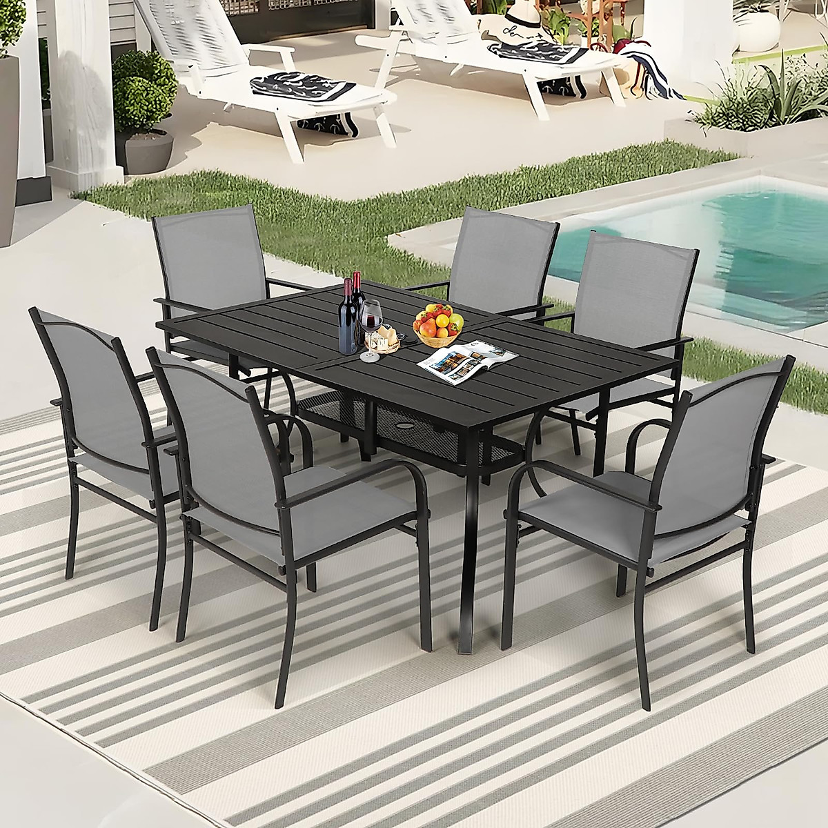 SUNCROWN 7 - Piece Outdoor Dining Set, Patio Furniture Set with 6 x Textilene Dinning Chairs and 1 Steel Slat Metal Bistro Table for Lawn Garden Backyard Deck, Grey