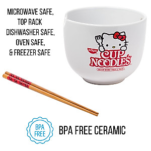 Silver Buffalo Hello Kitty Cup Noodles Nissin Boxed Ceramic Ramen Noodle Bowl with Chopsticks, 20oz