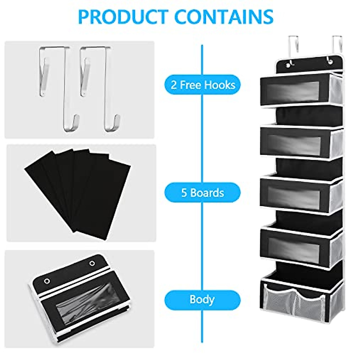 Over The Door Organizer, KoHuiJoo Large Hanging Door Organizer Baby Nursery Closet Bathroom Door Storage Organizer with 6 Clear Window and 20 Large Pockets for Cosmetics, Toys and Sundries Black (Black 5 Pocket)