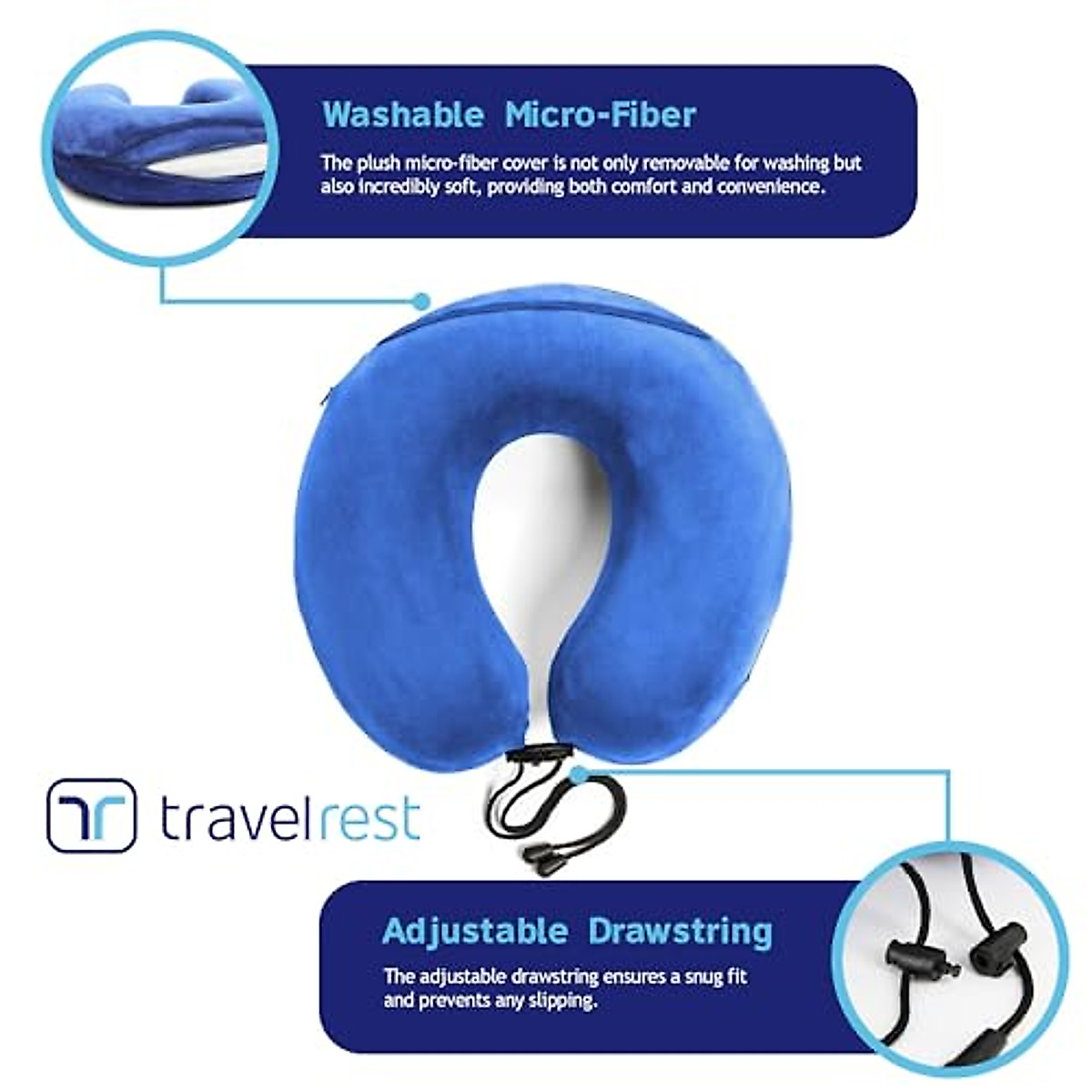 TRAVELREST - Travel & Neck Pillow, Therapeutic Memory Foam, Washable Micro-Fiber Cover, Soft and Comfortable - Head Support for Long Flights, Compact and Ergonommic Design, Attaches to Luggage - Blue