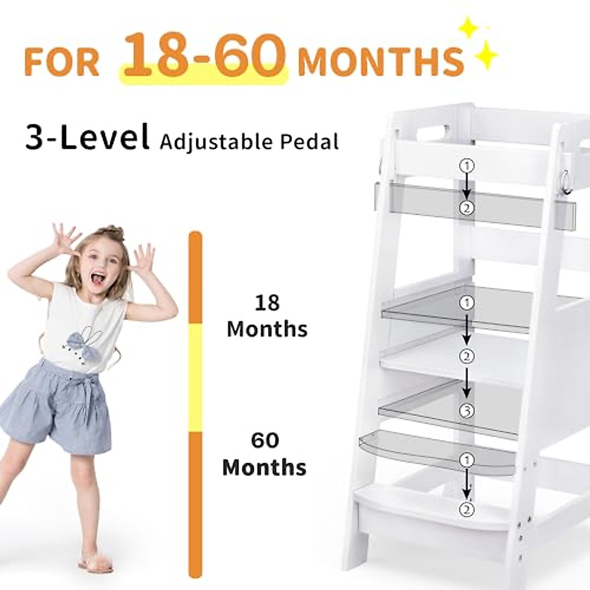 TOETOL Bamboo Toddler Kitchen Step Stool White Helper Standing Tower Height Adjustable with Anti-Slip Protection for Kids Kitchen Counter Learning
