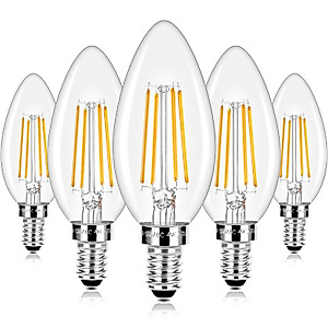 E12 LED Candelabra Bulbs 40 Watt Equivalent, 4W Vintage Candle Light Bulbs, 470Lm Warm White 2700K Edison Bulbs for Ceiling Fan, Filament Clear Glass Type B Lamp Bulbs for Chandelier (5 Packs)