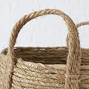 Coastal Grey Stripes 3 Piece Basket Set, Floor and Shelf Organizers, Corn Husk Wicker, Durable Chunky Rope Weave, Handles, Stitched, Reinforced, Rustic Home Decor, Round, 13, 11, 9 Diameter Inches