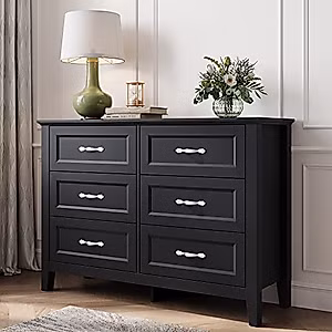 LINSY HOME Dresser for Bedroom, 6 Drawer Dresser with Metal Handles, Black Chest of Drawers for Living Room, Entryway and Hallway