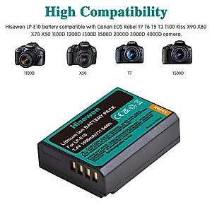 LP-E10 LPE10 Battery 2Pack 1600mAh, Hisewen Dual Charger with Type-C Port for Canon EOS Rebel T7 T6 T5 T3 T100 Kiss X90 X80 X70 X50 1100D 1200D 1300D 1500D 2000D 3000D 4000D Digital Camera