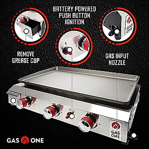 Gas One Flat Top Grill with 3 Burners – Auto Ignition Propane Portable Gas Grill – Premium Stainless Steel Body Tabletop Grill with Pre Season Griddle – Convenient Drip Tray – Ideal for RV, Camping